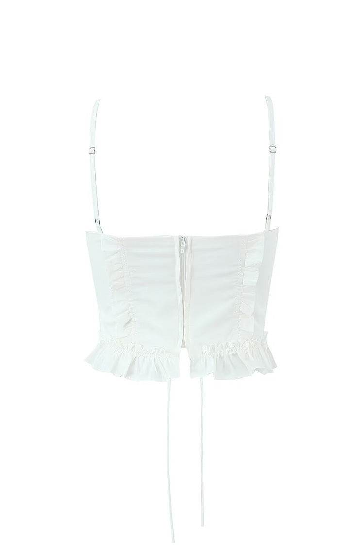 Fudus Ruffled Bustier Top with Spaghetti Straps, Lacing, and Bow – krohn-e